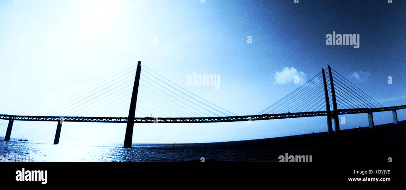 Denmark, silhouette, Öresundbrücke, detail, monochrome, bridge ...