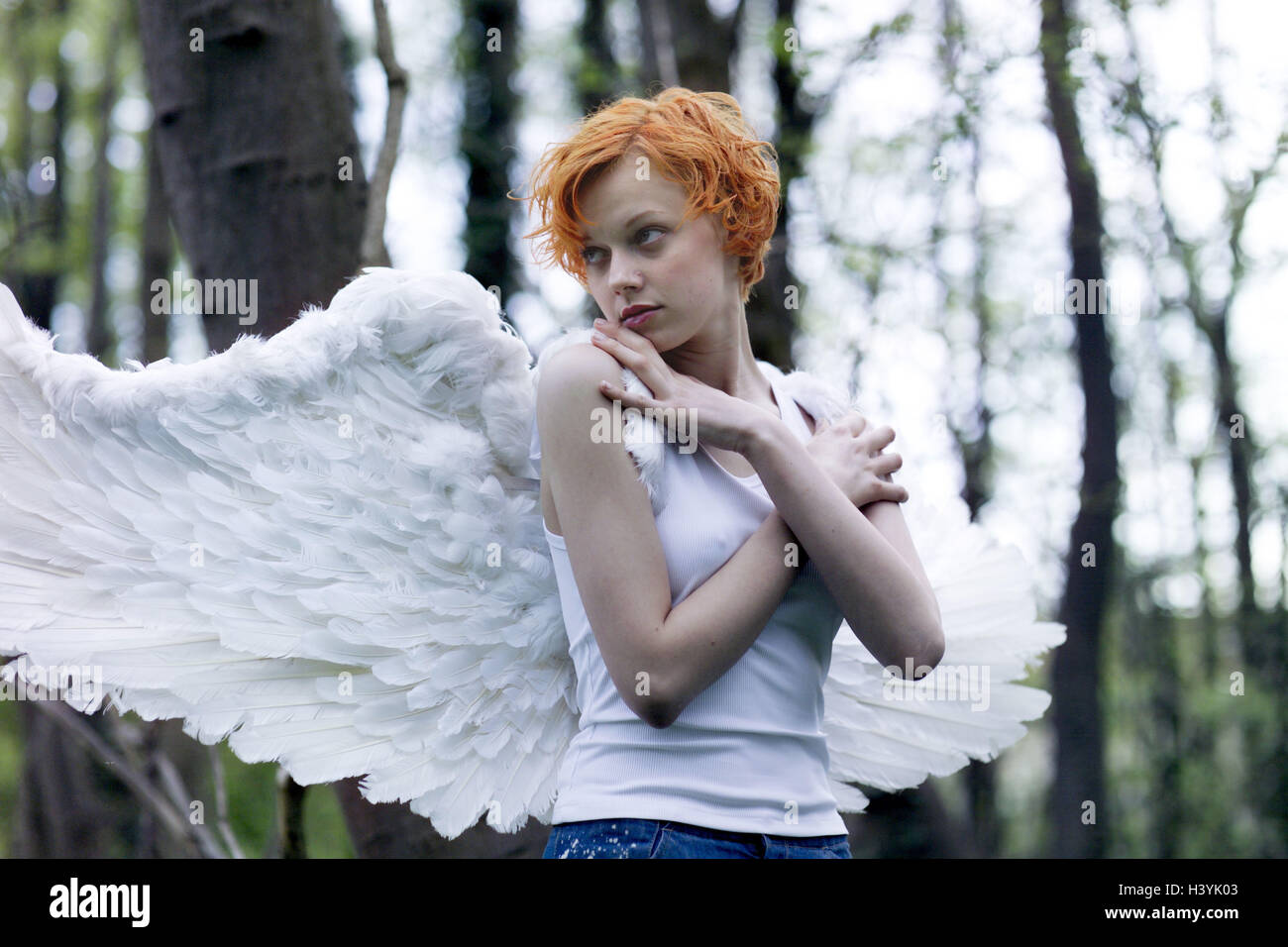 Wood, woman, young, angel's wing, arms crossed, view shoulder, side ...
