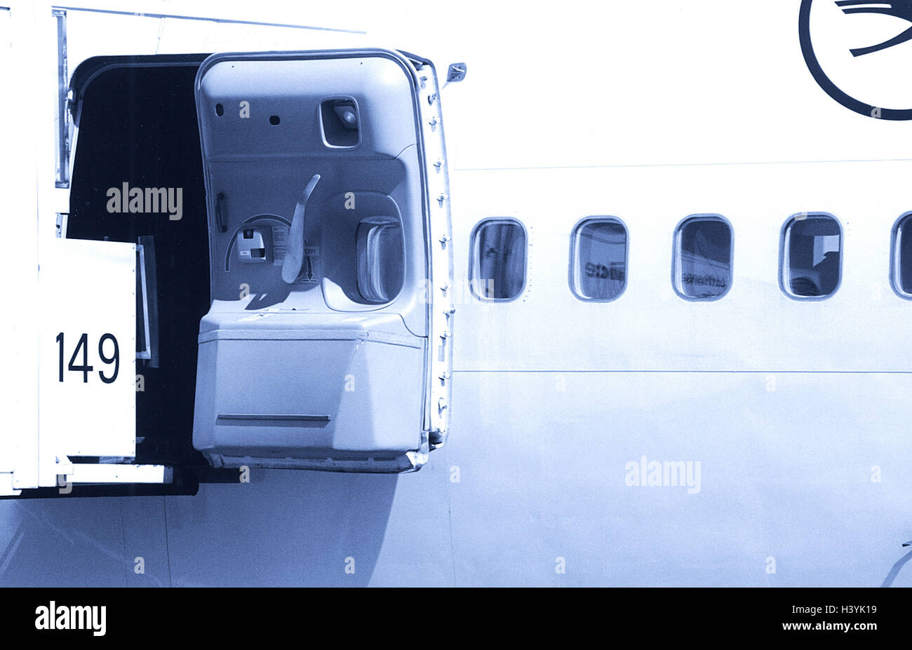 Airplane, detail, airplane door, openly, monochrome, vacation ...
