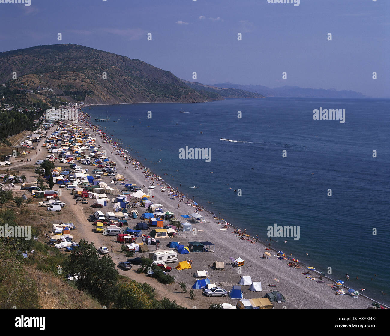 The Ukraine, peninsula the Crimea, Sudak, beach view, camper, bathers ...