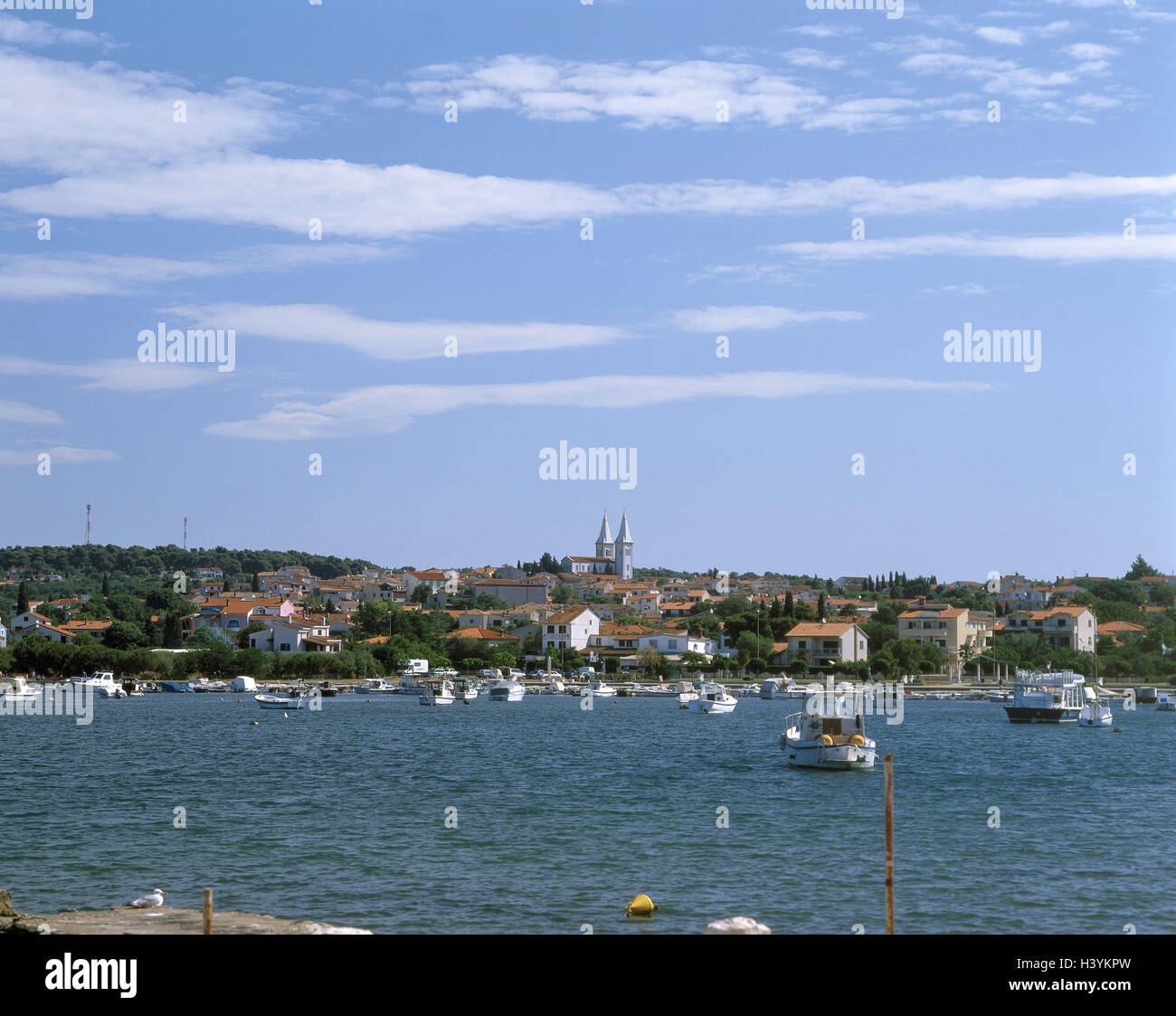 Croatia, Istria, Medulin, town view, church, harbour, Balkan Peninsula ...