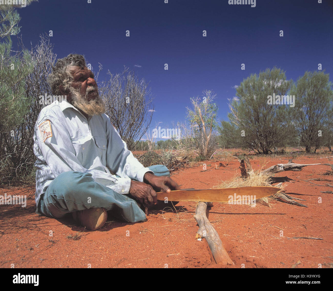 Australia, Aborigine, sit, make fire, man, native, wooden, wooden wand ...