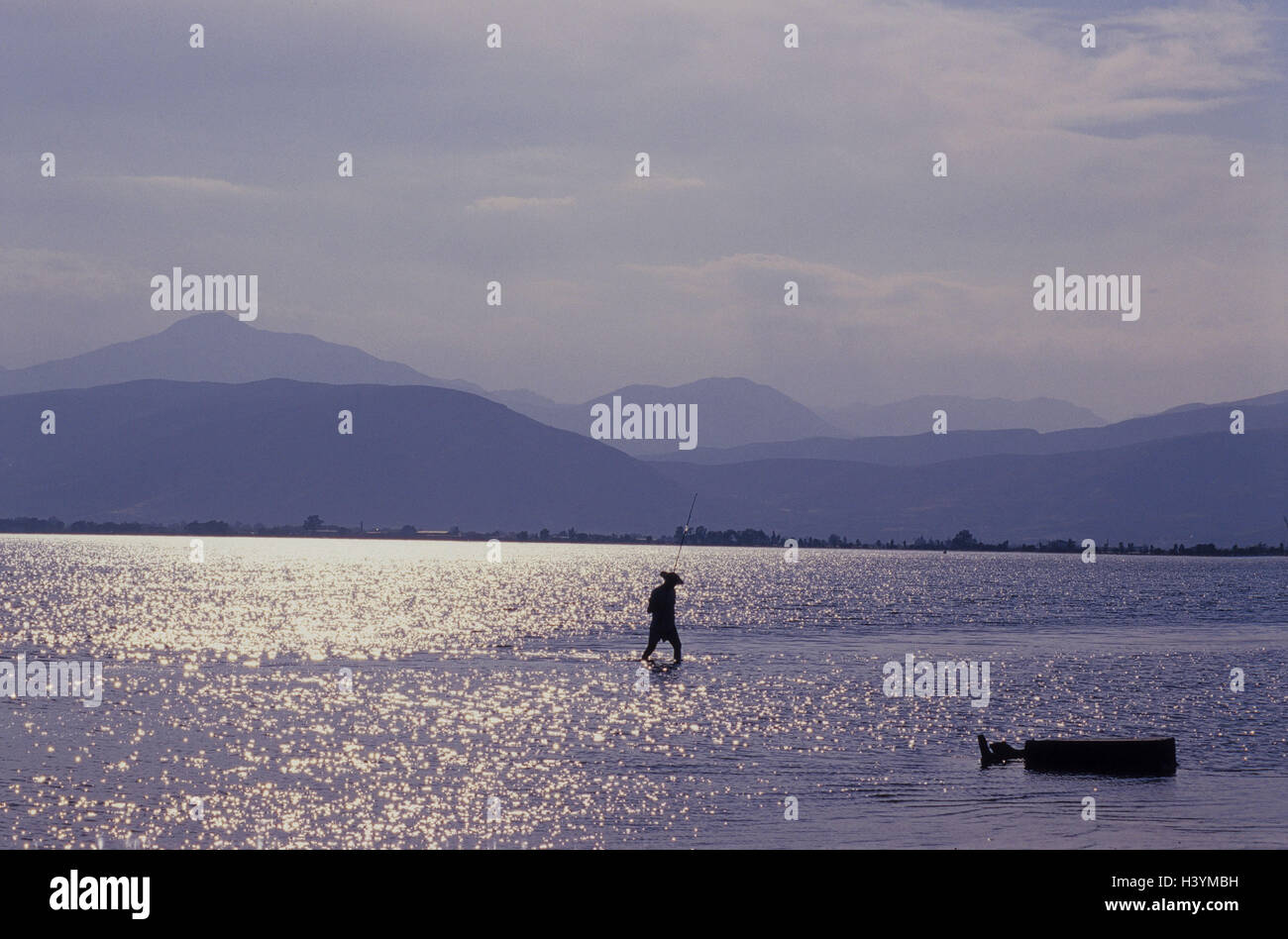 Greece, the Peloponnesus, coast, water, shallowly, angler, back light ...