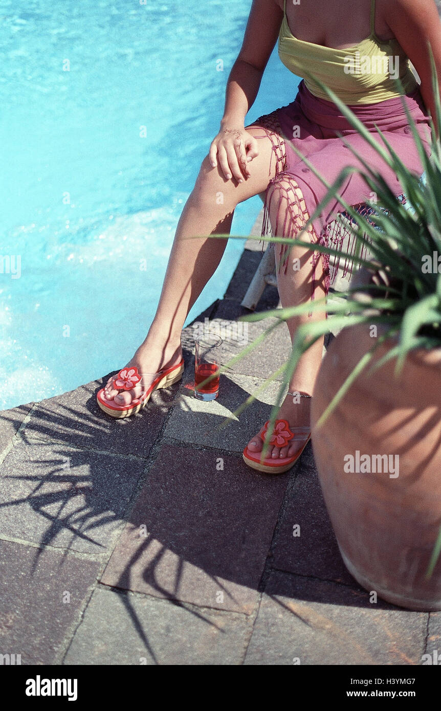 Swimming pool, cymbal margin, woman, sit, detail, tone jug, plant ...
