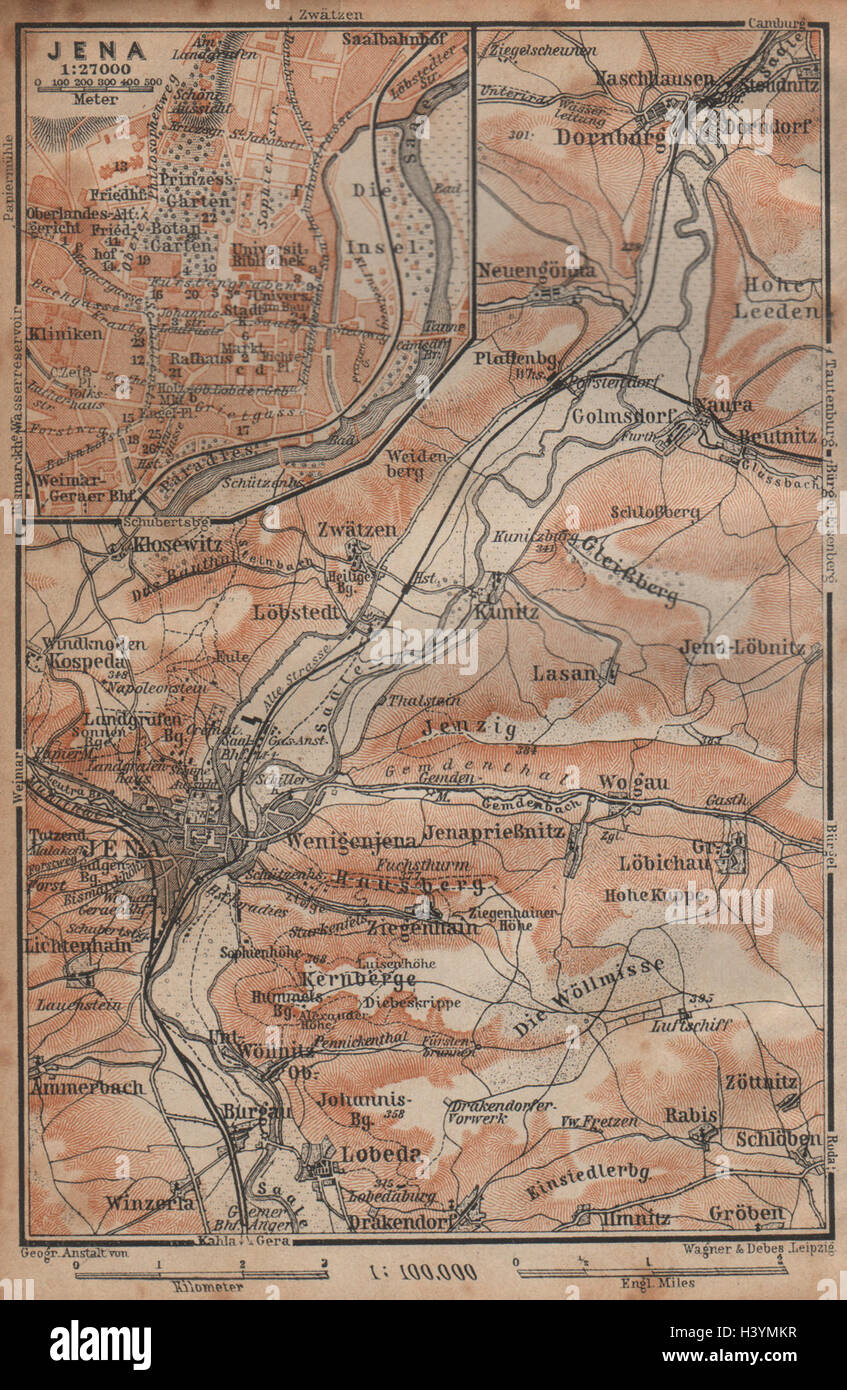 JENA & environs/umgebung. Dornburg. Thuringia karte. BAEDEKER 1904 old ...