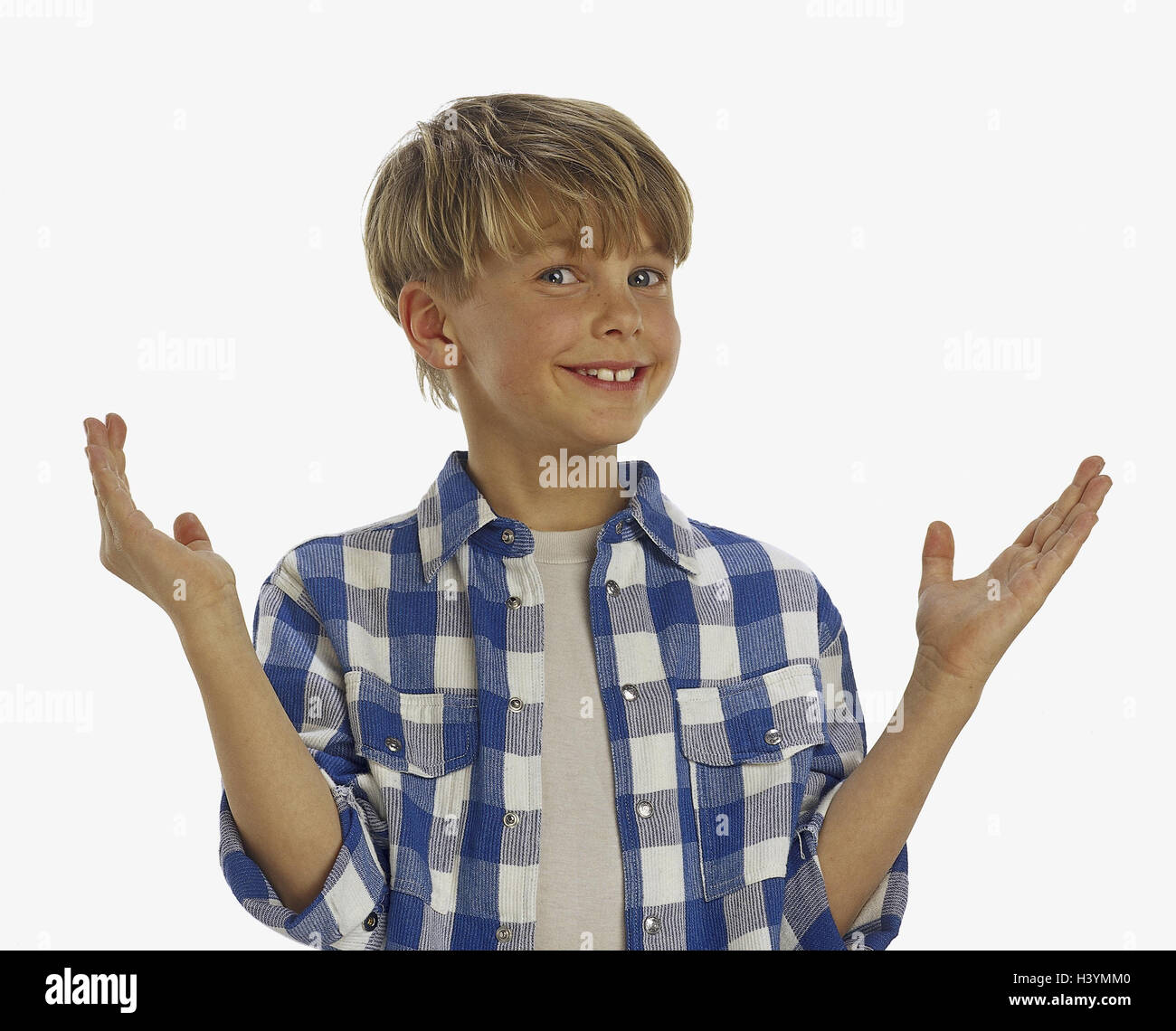 Boy, blond, shirt, checked, gesture, hands, side view, smile, half ...