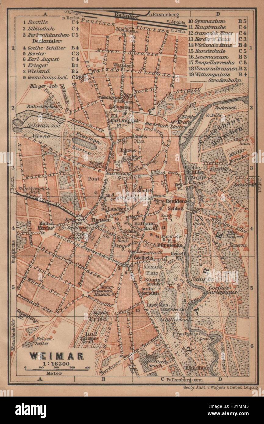 WEIMAR antique town city stadtplan. Thuringia karte. BAEDEKER 1904 old ...
