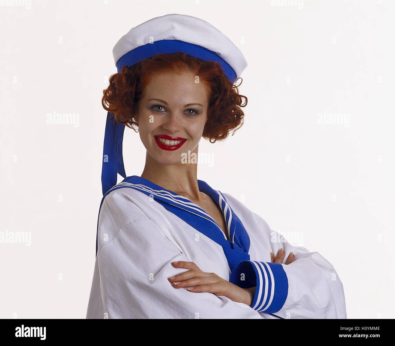 Woman, young, happy, sailor suit, half portrait, women, studio, cut ...