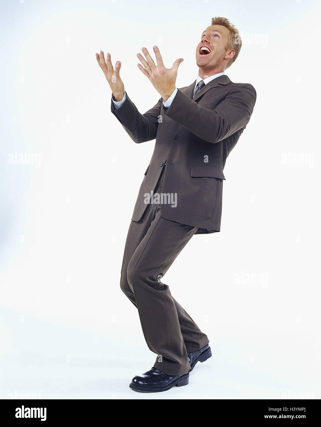 Man, young, suit, gesture, joy, cheering, Men, Manager, view, up, laugh ...