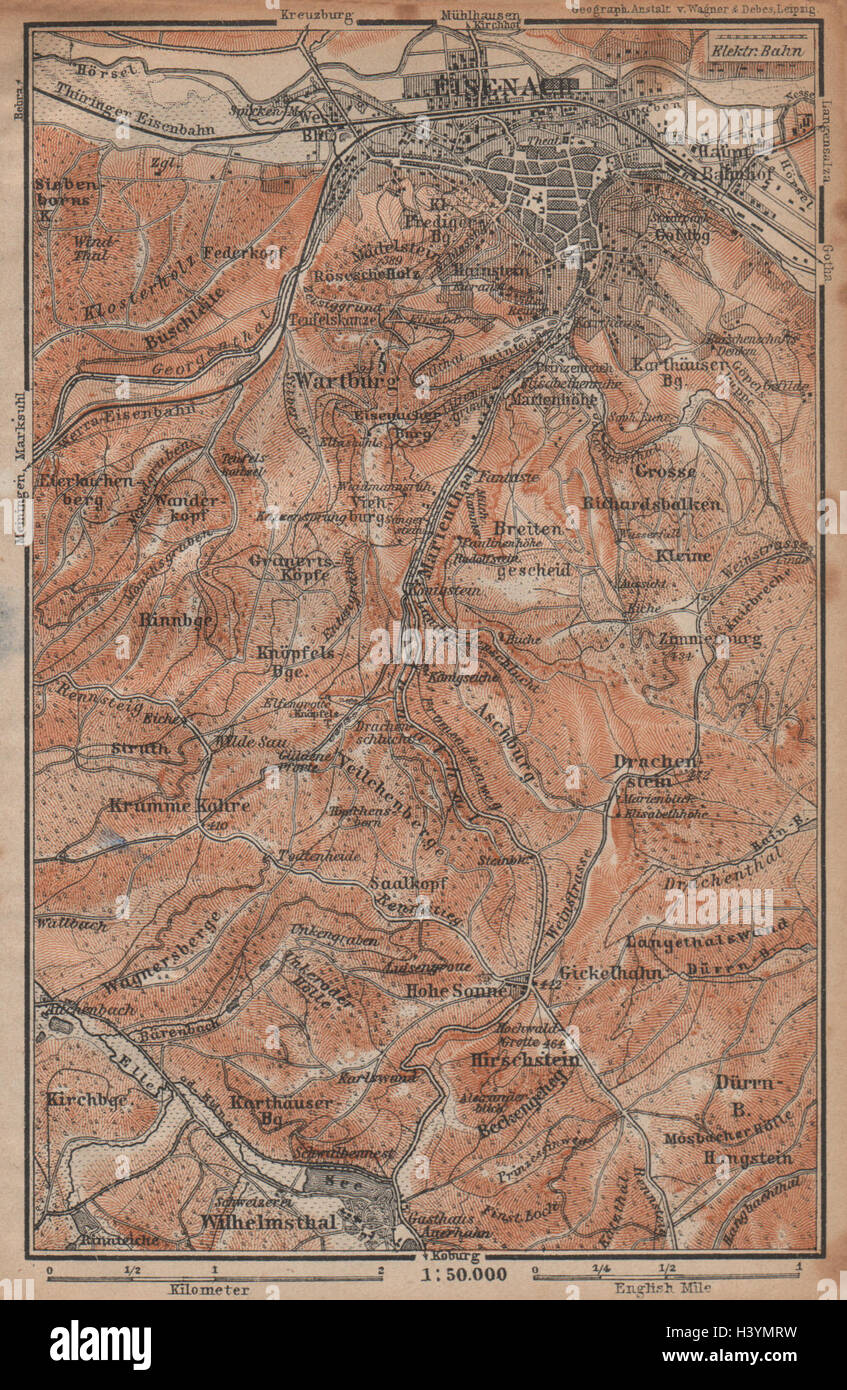 EISENACH & environs/umgebung. Wartburg. Thuringia karte. BAEDEKER 1904 ...