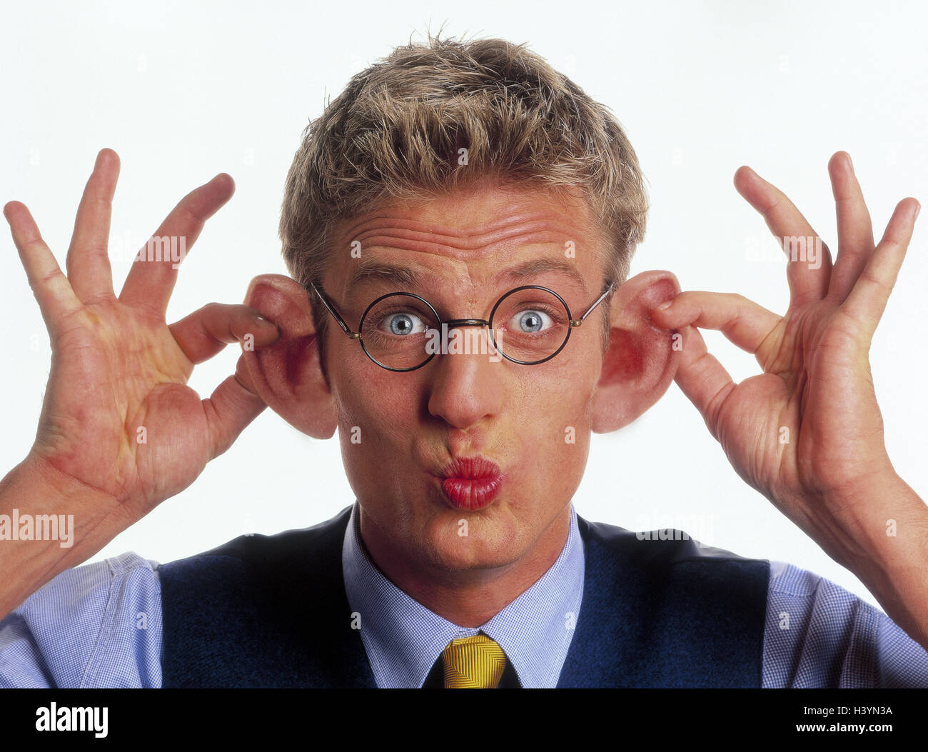 Man, young, glasses, grimace, gesture, ears, stand off, listen in, hear ...