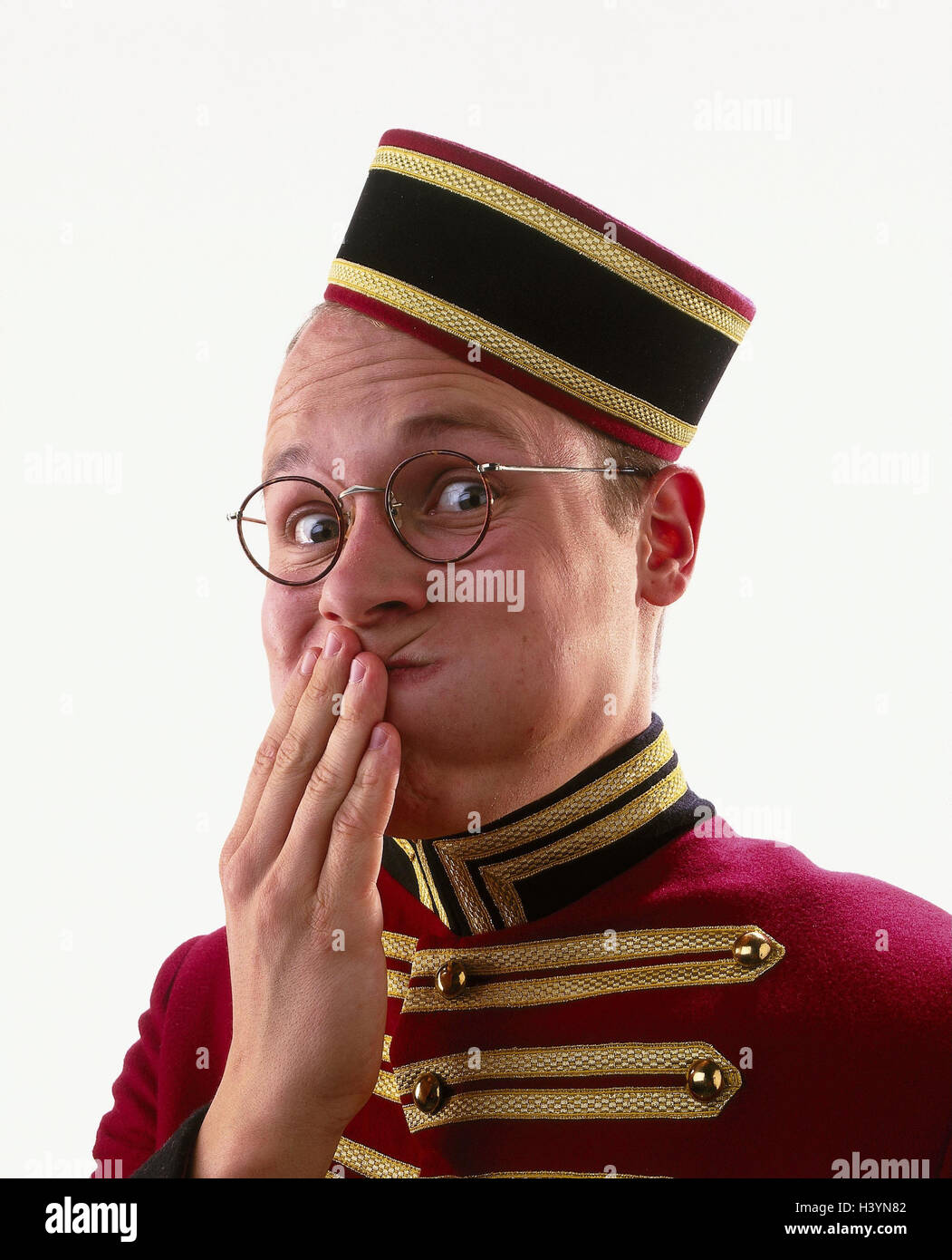 Page, young, uniform, gesture, finish laughing, half portrait ...