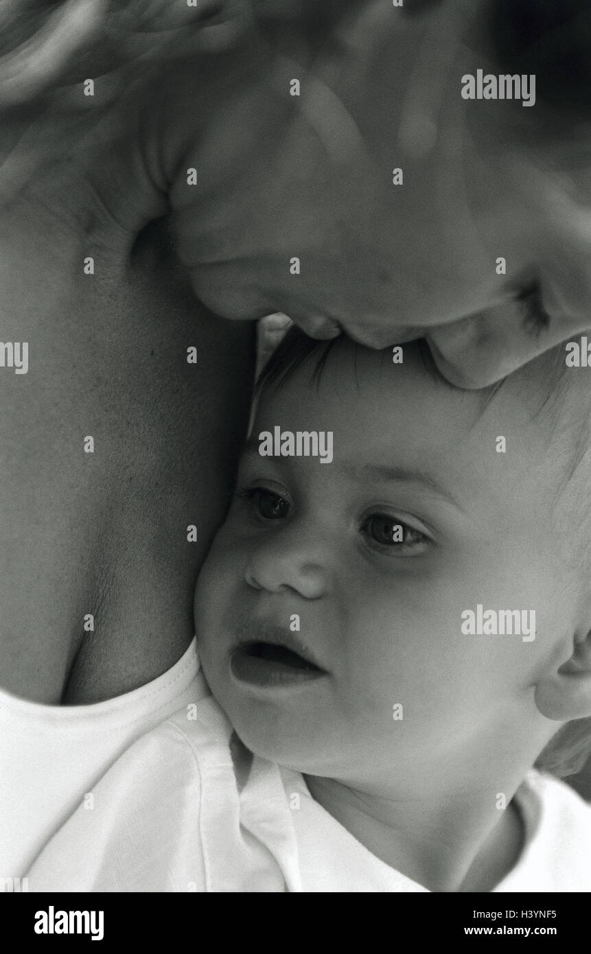 Nut, child, forehead, kiss, portrait, b/w, cuddle, very close, woman ...