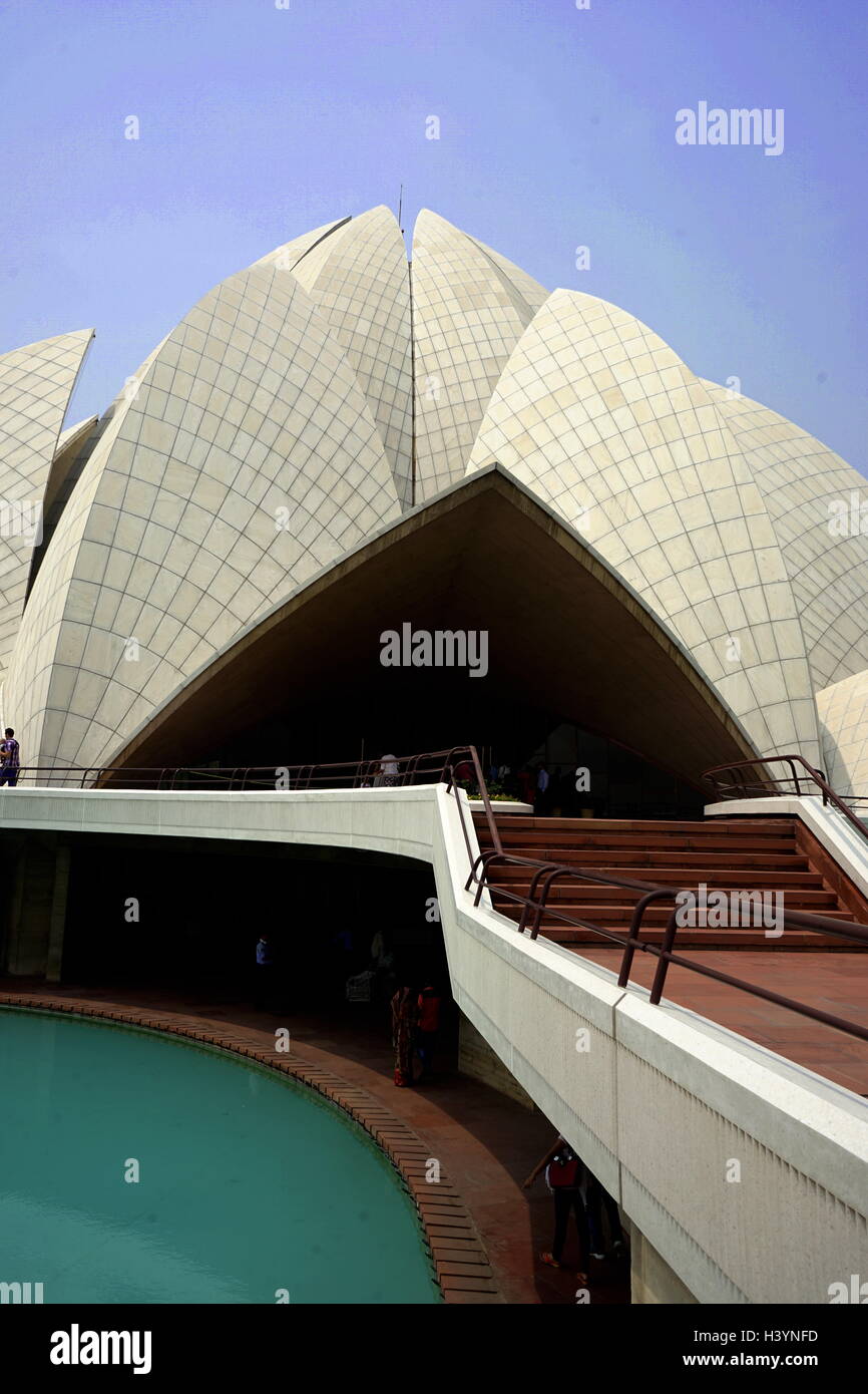 View of the ponds beneath the portico of the Lotus Temple, a Baha'i ...
