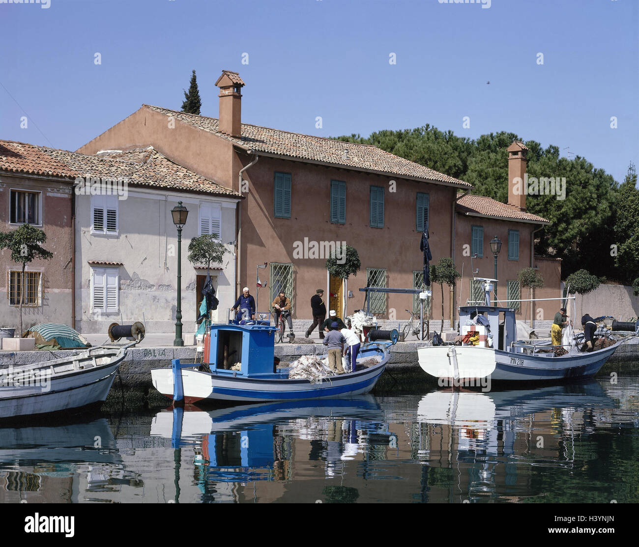 Italy, Veneto, Grado, residential houses, river, landing stage, fishing ...