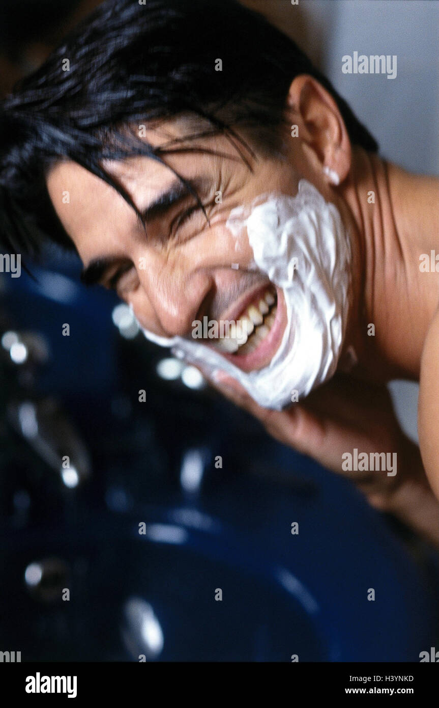 Man, look, shaving-foam, laugh, lay in foam portrait, blur, model ...