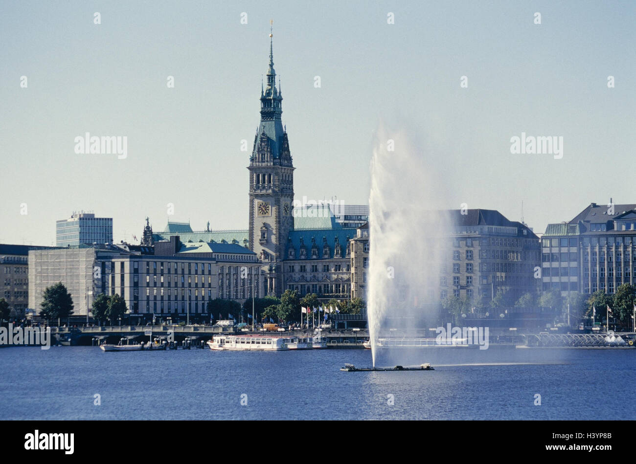 Germany, Hamburg, the Inner Alster, water jet, city hall, North Germany ...