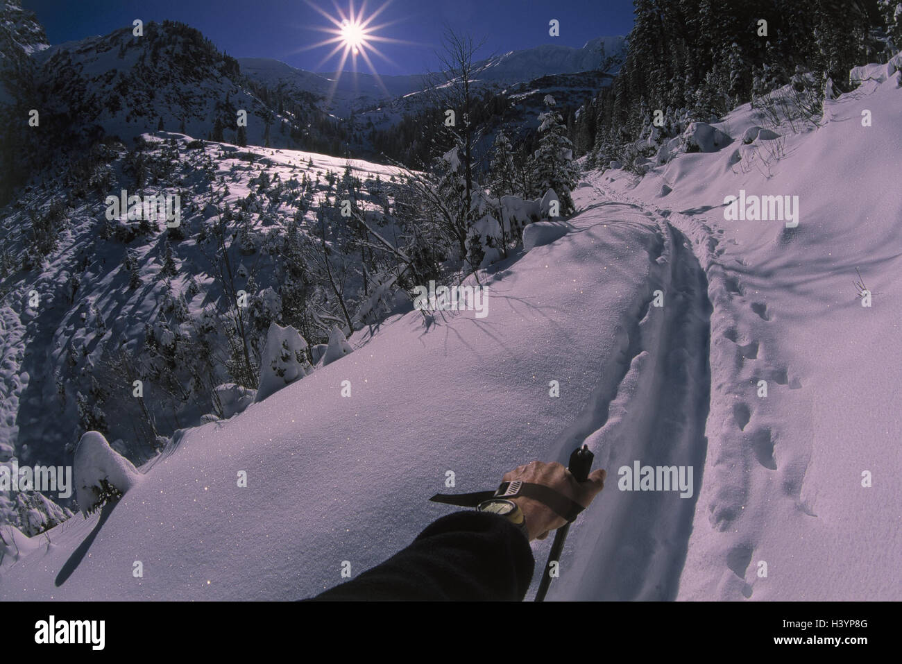 Austria, small Walsertal, high alp pass, ski track, ski wanderer ...