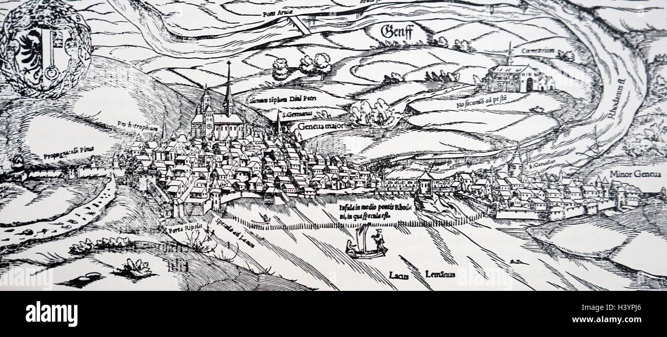 Earliest known view of Geneva and St. Peter's Cathedral. Dated 16th ...