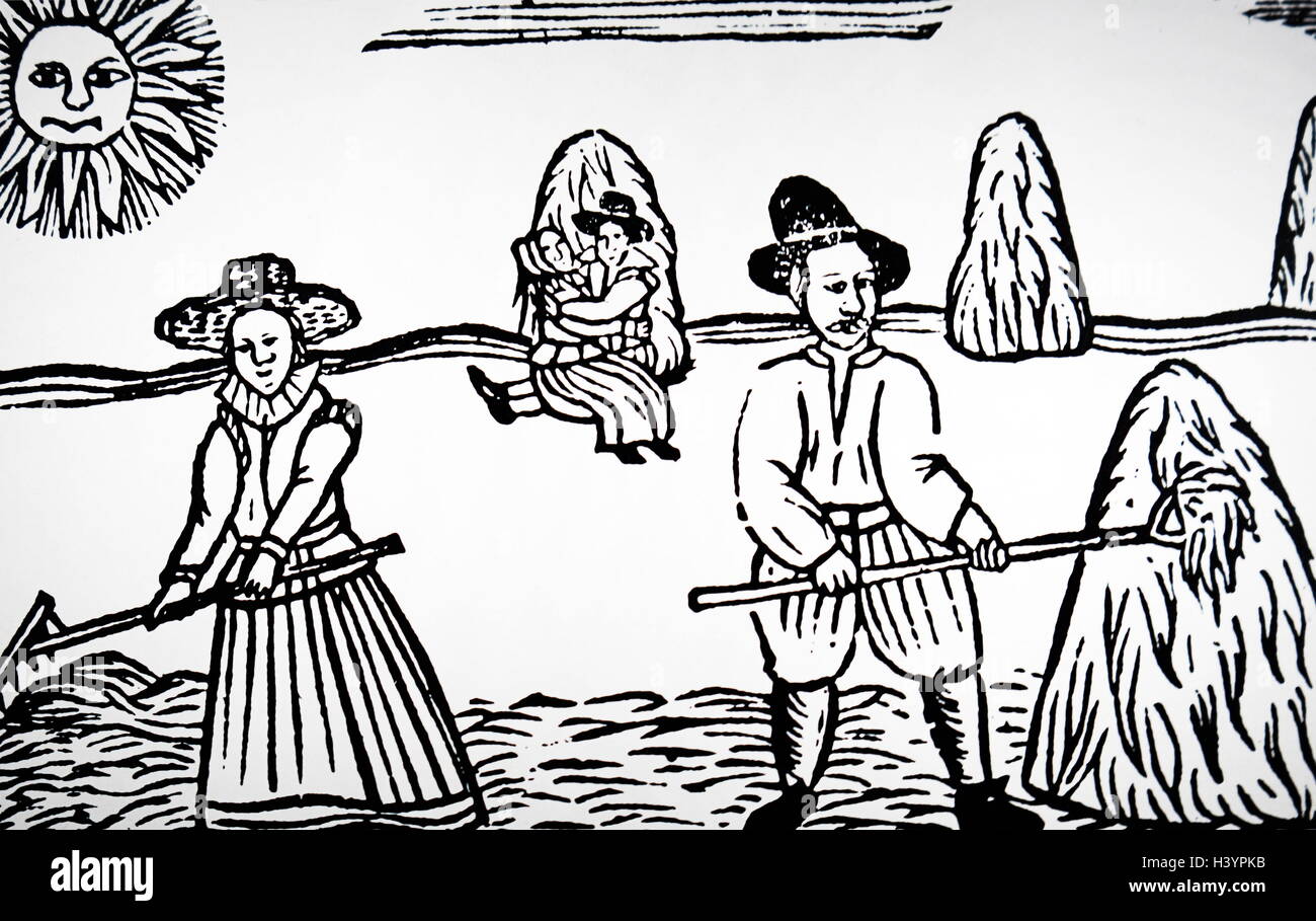 Woodcut print of an agricultural scene in Medieval England. Dated 15th ...