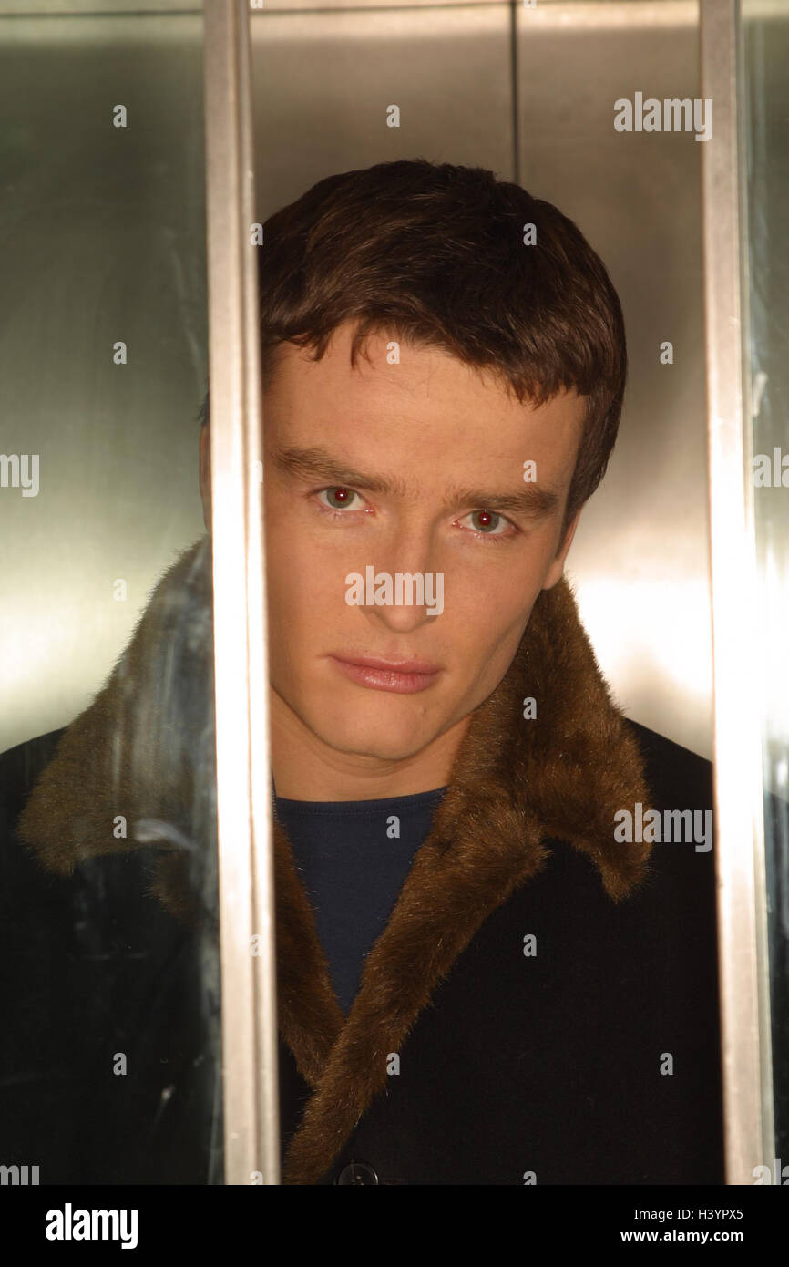 Lift, glass doors, half-open, man, young, portrait, lift, doors ...