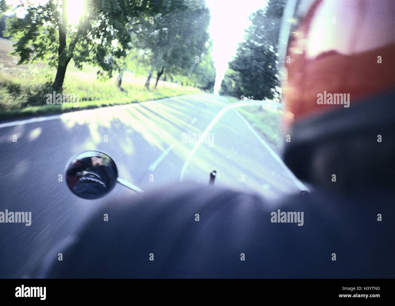 Country road, motorcyclist, back view, detail, street, traffic, road ...