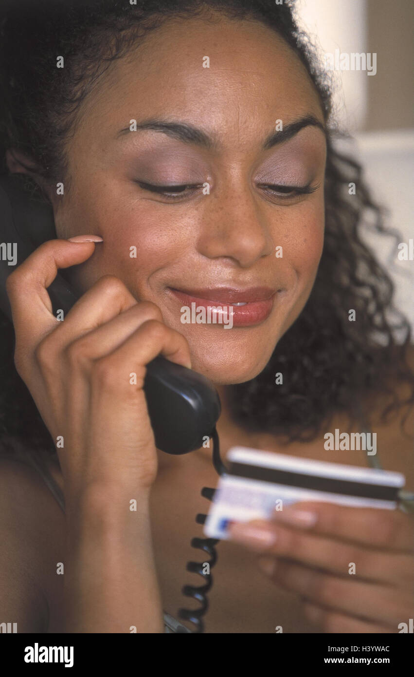 Woman, call up, credit card, portrait, phone, telecommunication ...