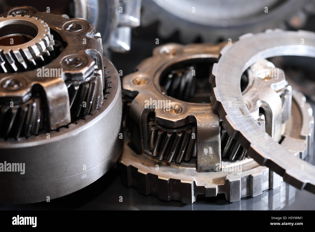 Machinery concept. Set of various gears closeup as background Stock ...
