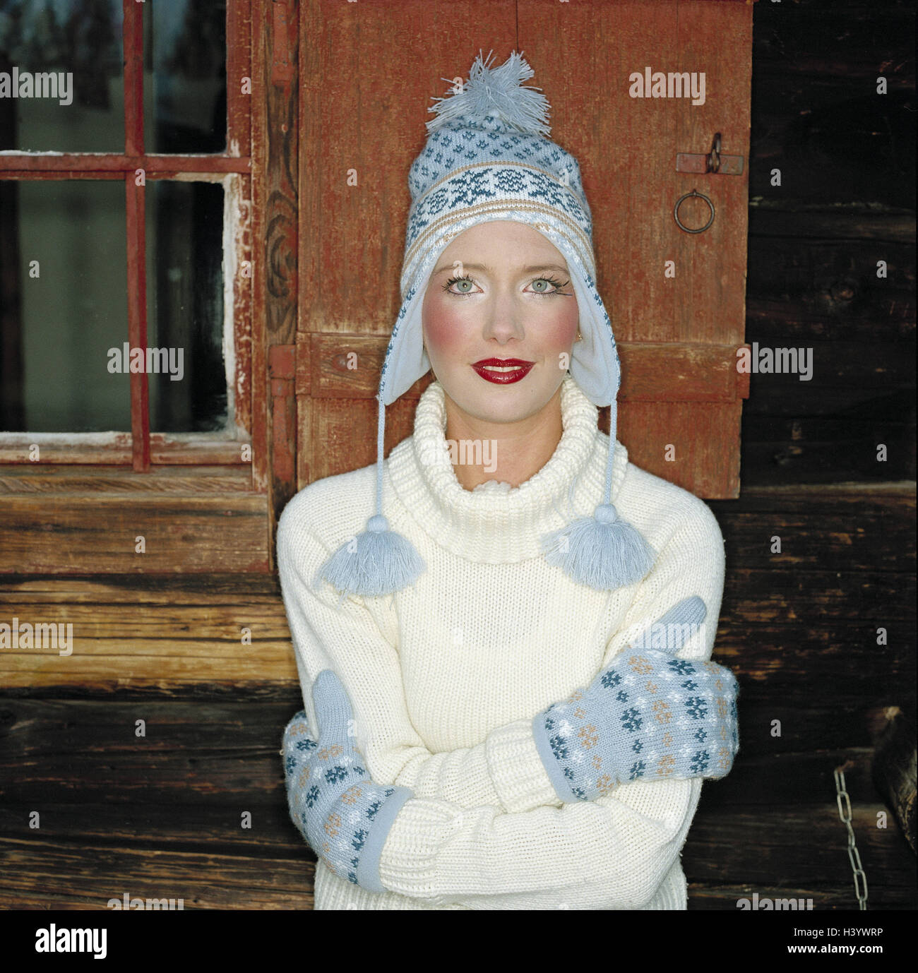 wooden hut, woman, winter clothes, portrait, women's portrait, 22 years ...