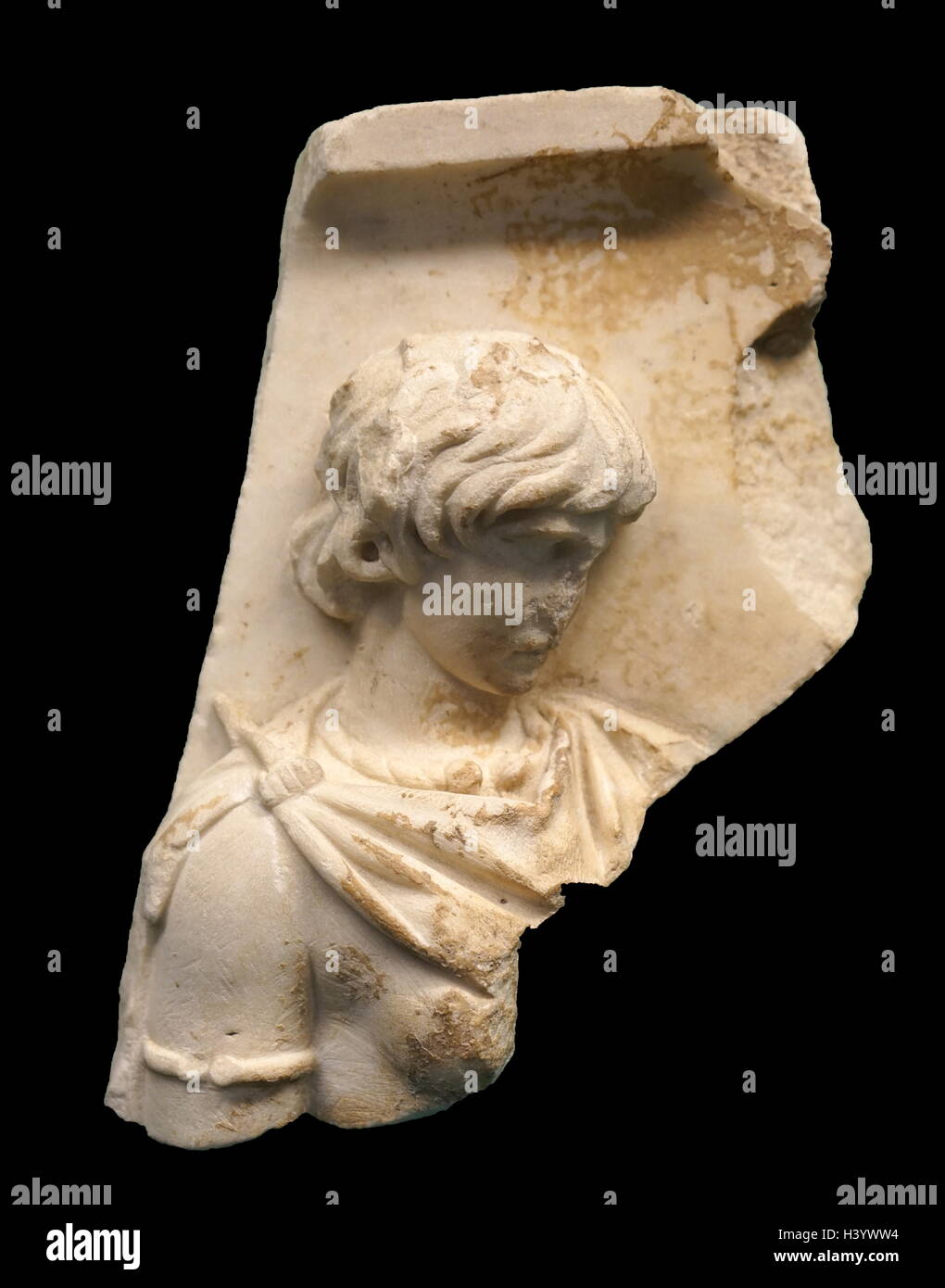 Marble relief of a young female wearing a torc, armlet and brooch ...