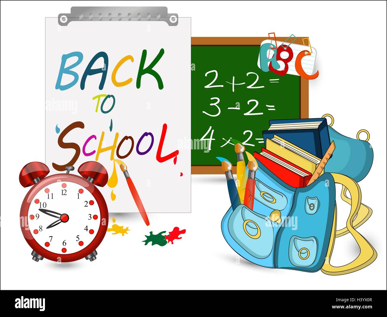 back to school banner, sign, Big red alarm clock,Schoolbag with brushes ...