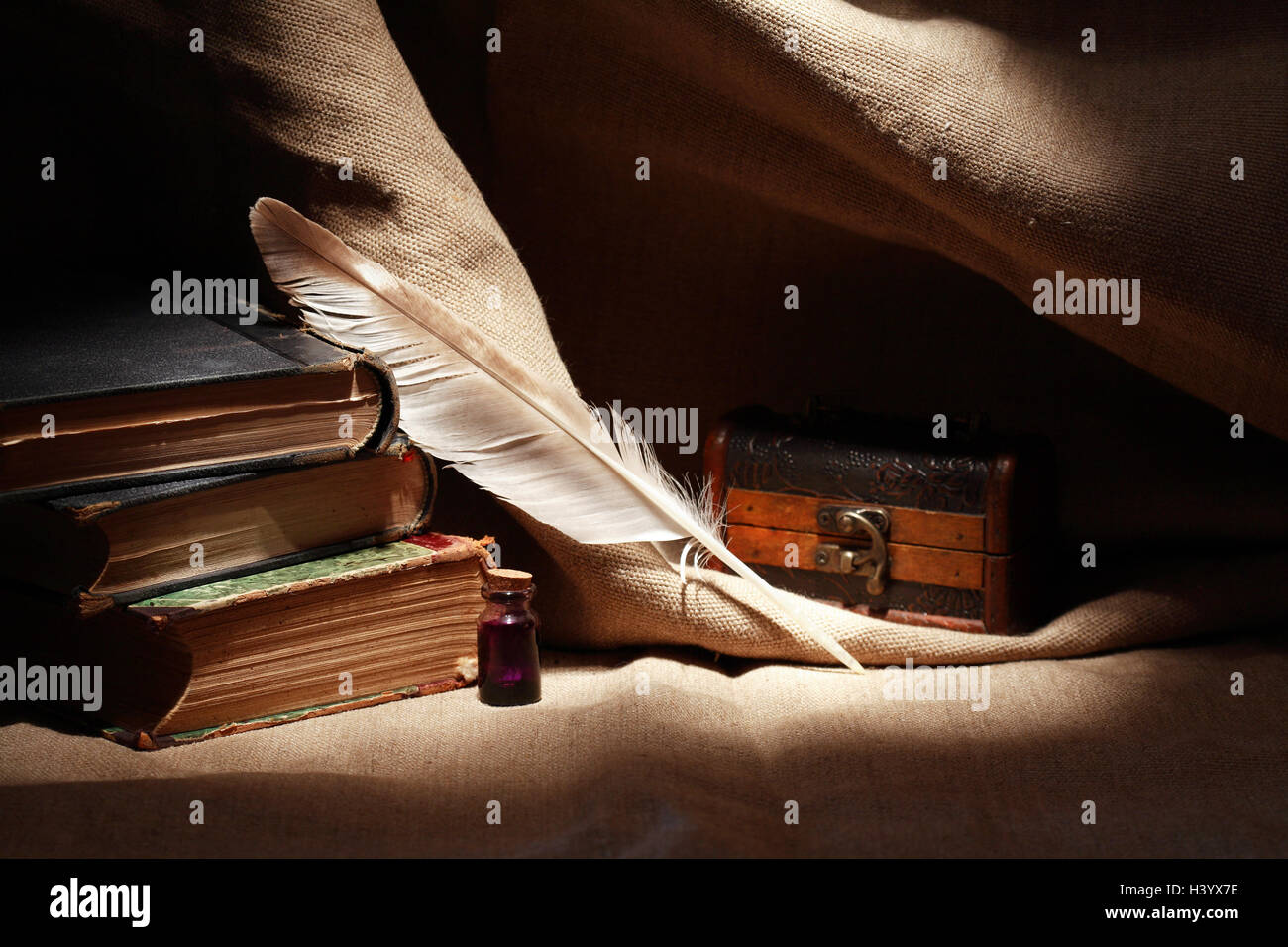 Vintage still life with various old things on canvas background Stock ...