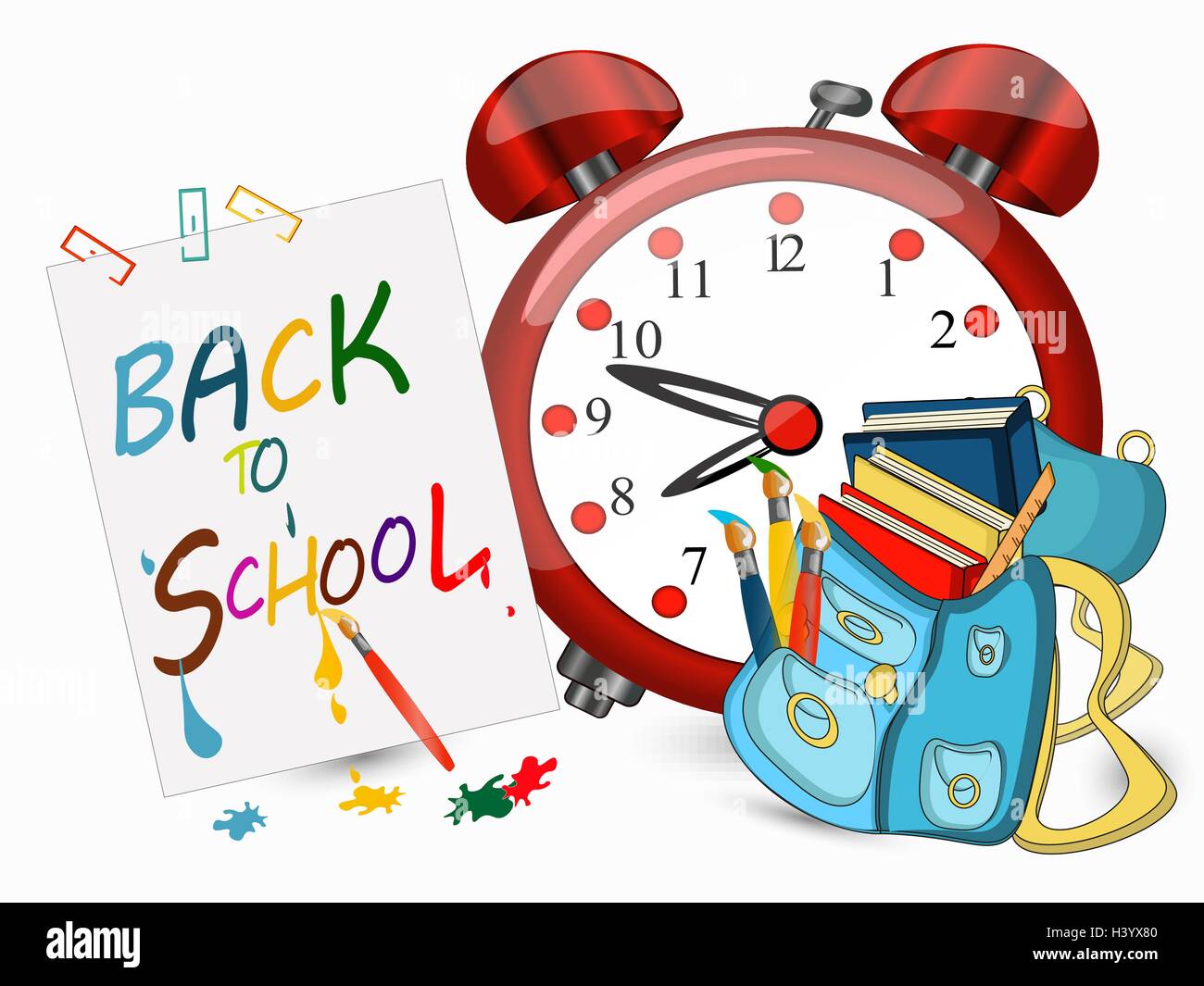 back to school banner, sign, Big red alarm clock,Schoolbag with brushes ...