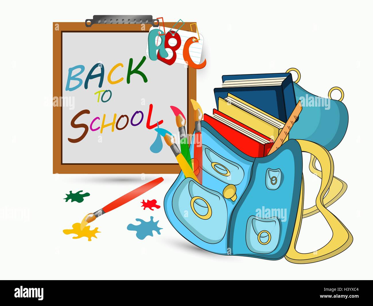 back to school banner, sign, Big red alarm clock,Schoolbag with brushes ...