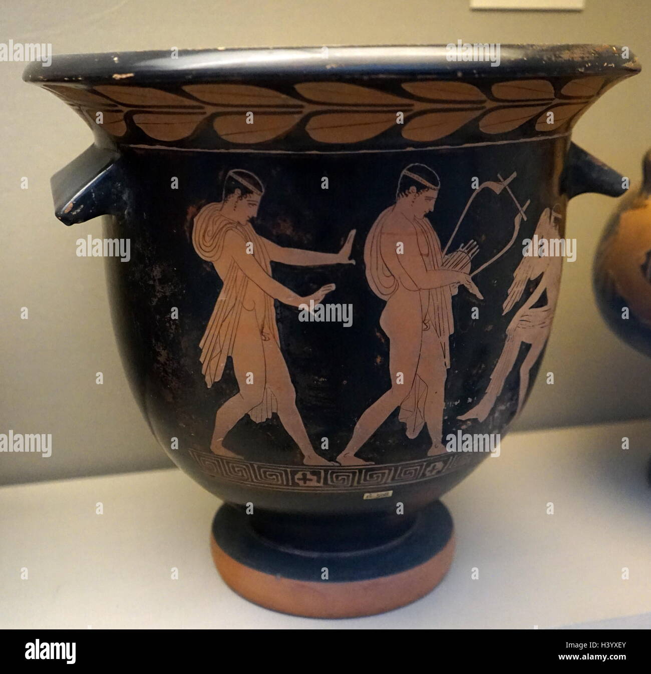 Red-figured bell-krater depicting three revellers from ancient Greece ...