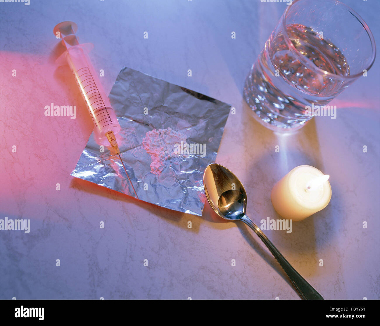 Drugs, heroin, syringe, spoon, candle, glass, liquid, drug addiction ...