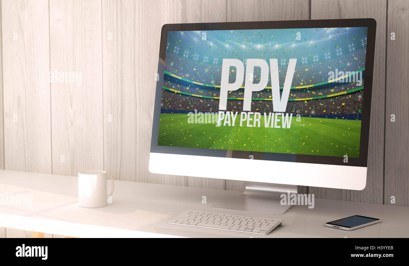 3d rendering workspace with pay per view on the screen of computer and ...