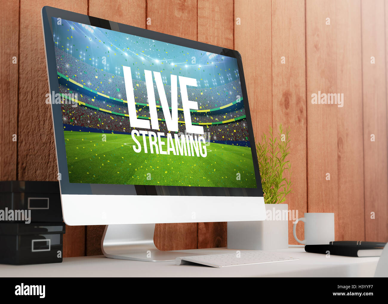 modern wooden workspace with computer live streaming sports event. All ...