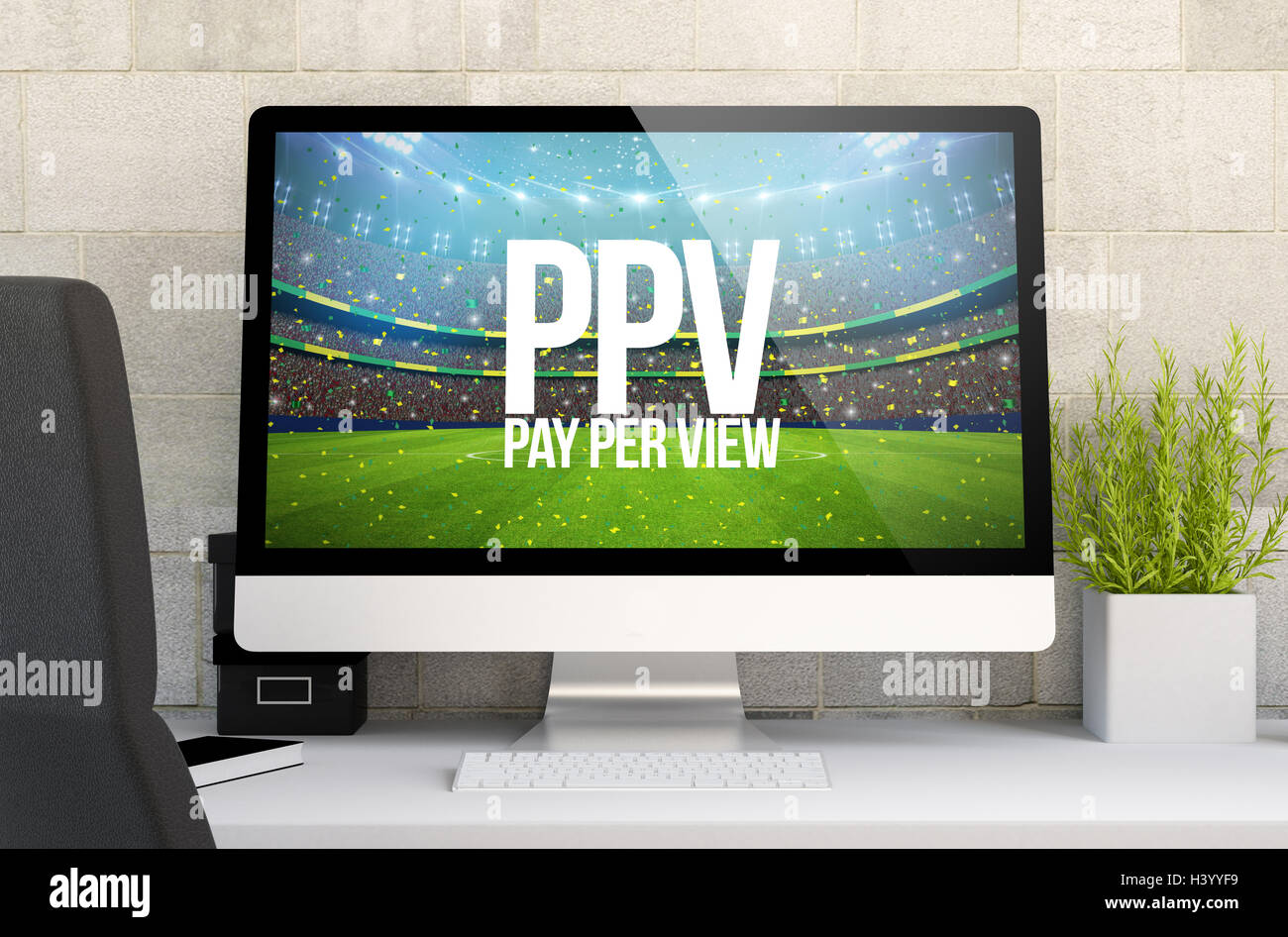 3d rendering of workspace with computer showing pay per view sports ...
