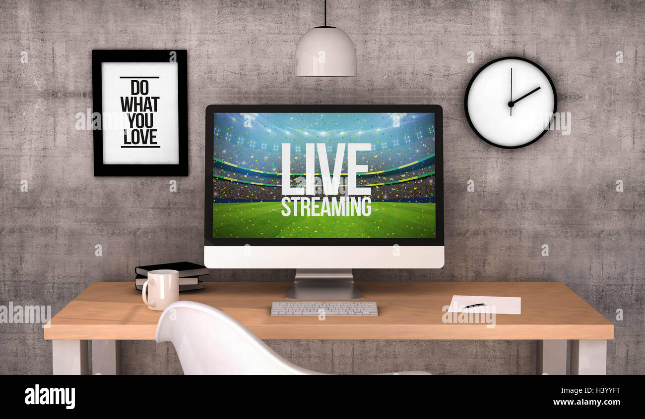 3d rendering workspace desktop with live streaming on screen computer ...