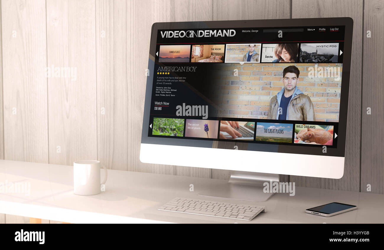 3d rendering workspace with video on demand on the screen of computer ...