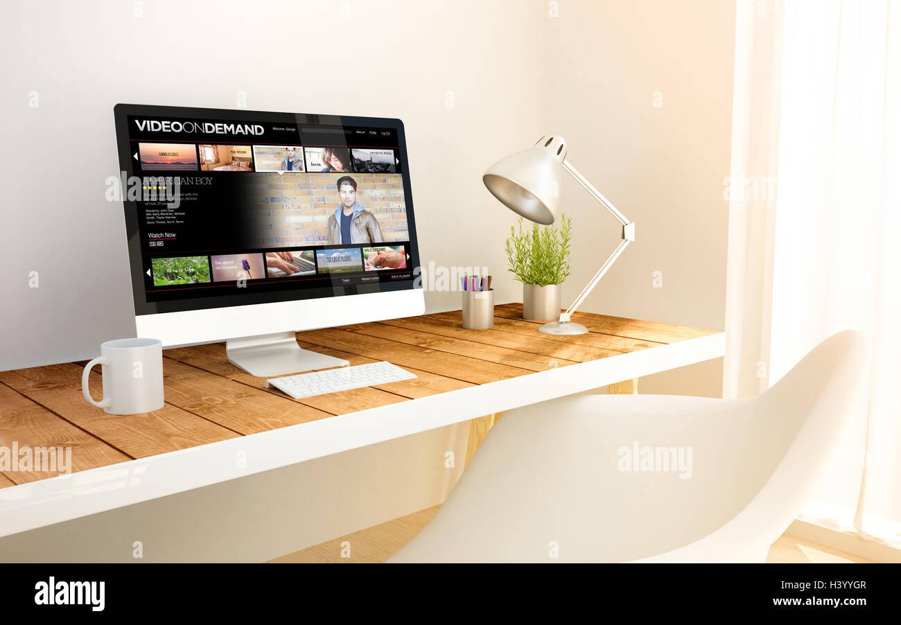 3d rendering minimalist workspace with video on demand on screen ...