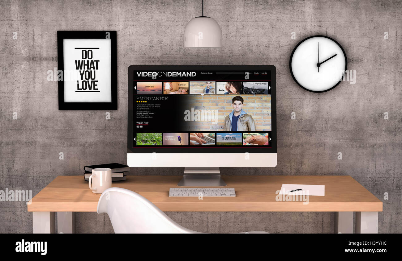3d rendering workspace desktop with video on demand website on screen ...