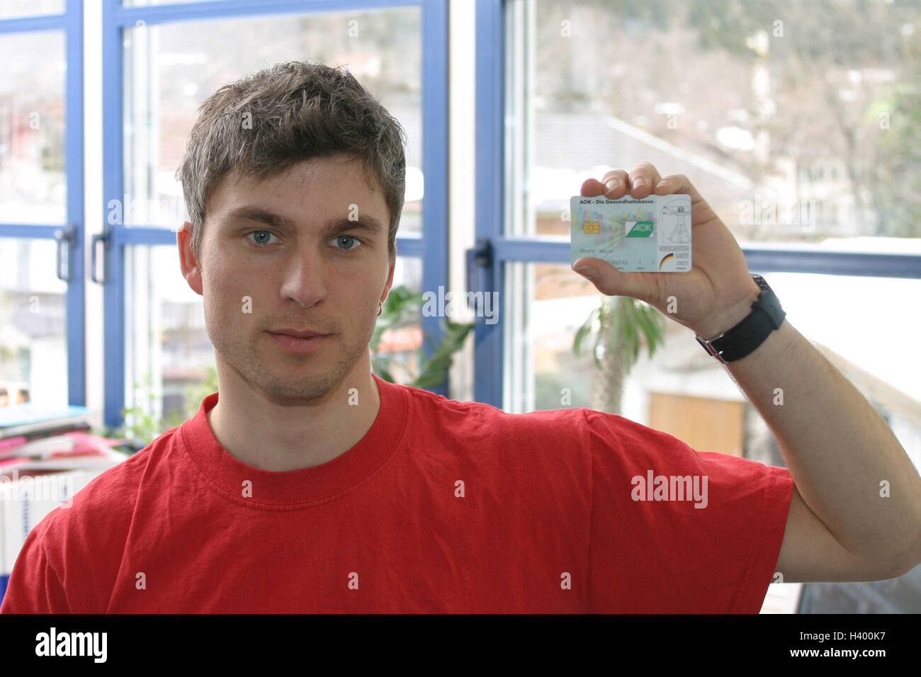 Man, young, health insurance card, Aok, hold, portrait, man's portrait ...