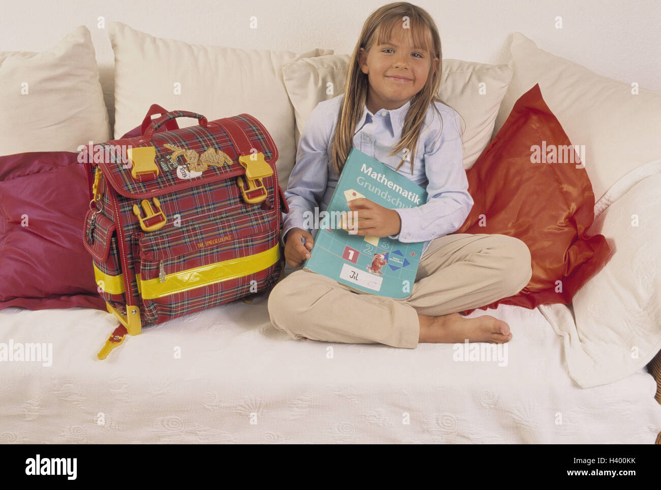 Couch, girl, happy, schoolbag, mathematics book, sofa, child, school ...