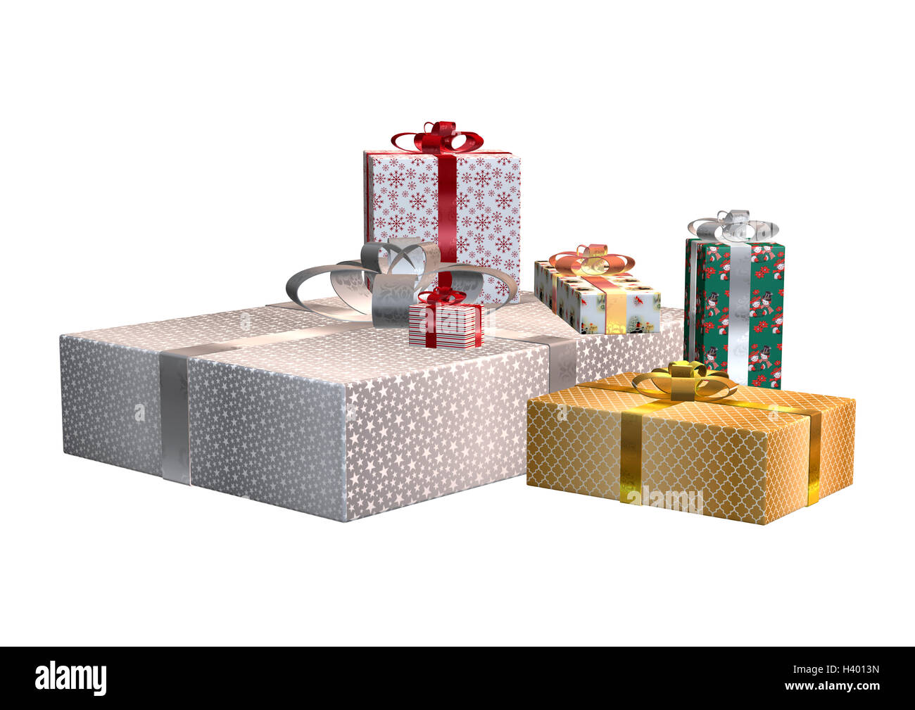 3D rendering of a Christmas present pile isolated on white background ...