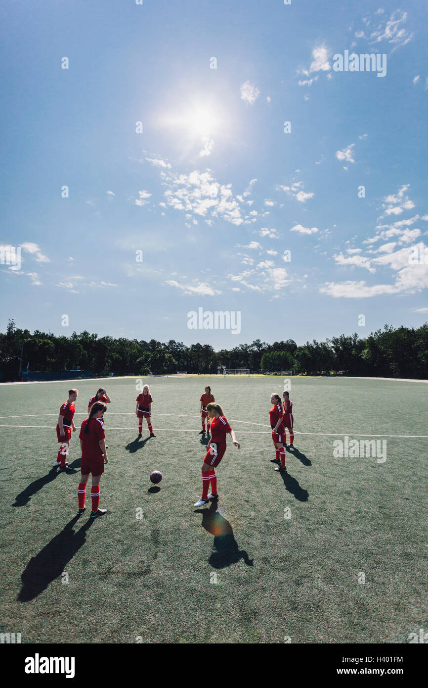 High angle view of team playing soccer on field during sunny day Stock ...
