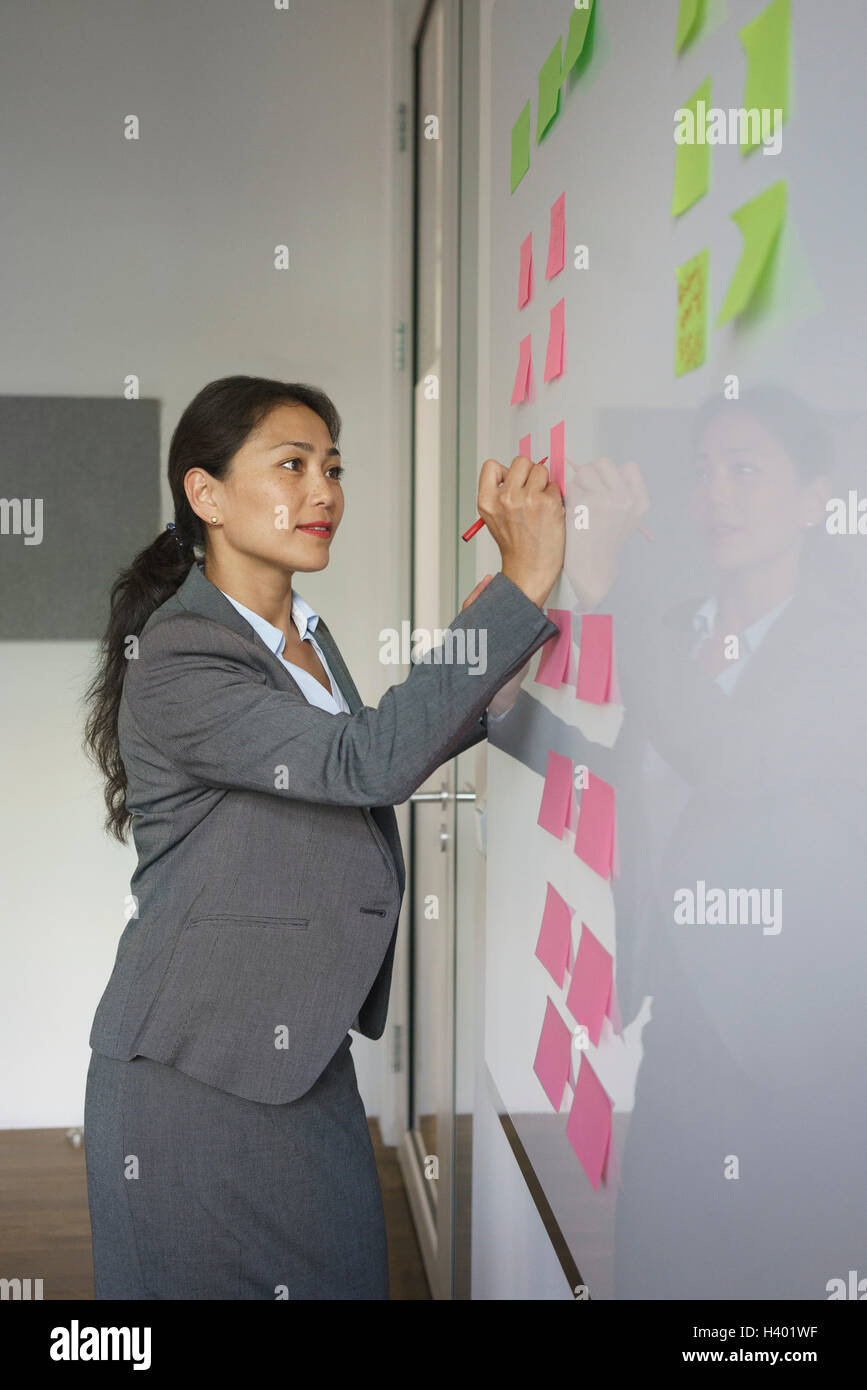 Businesswoman writing on adhesive note attached over whiteboard at ...