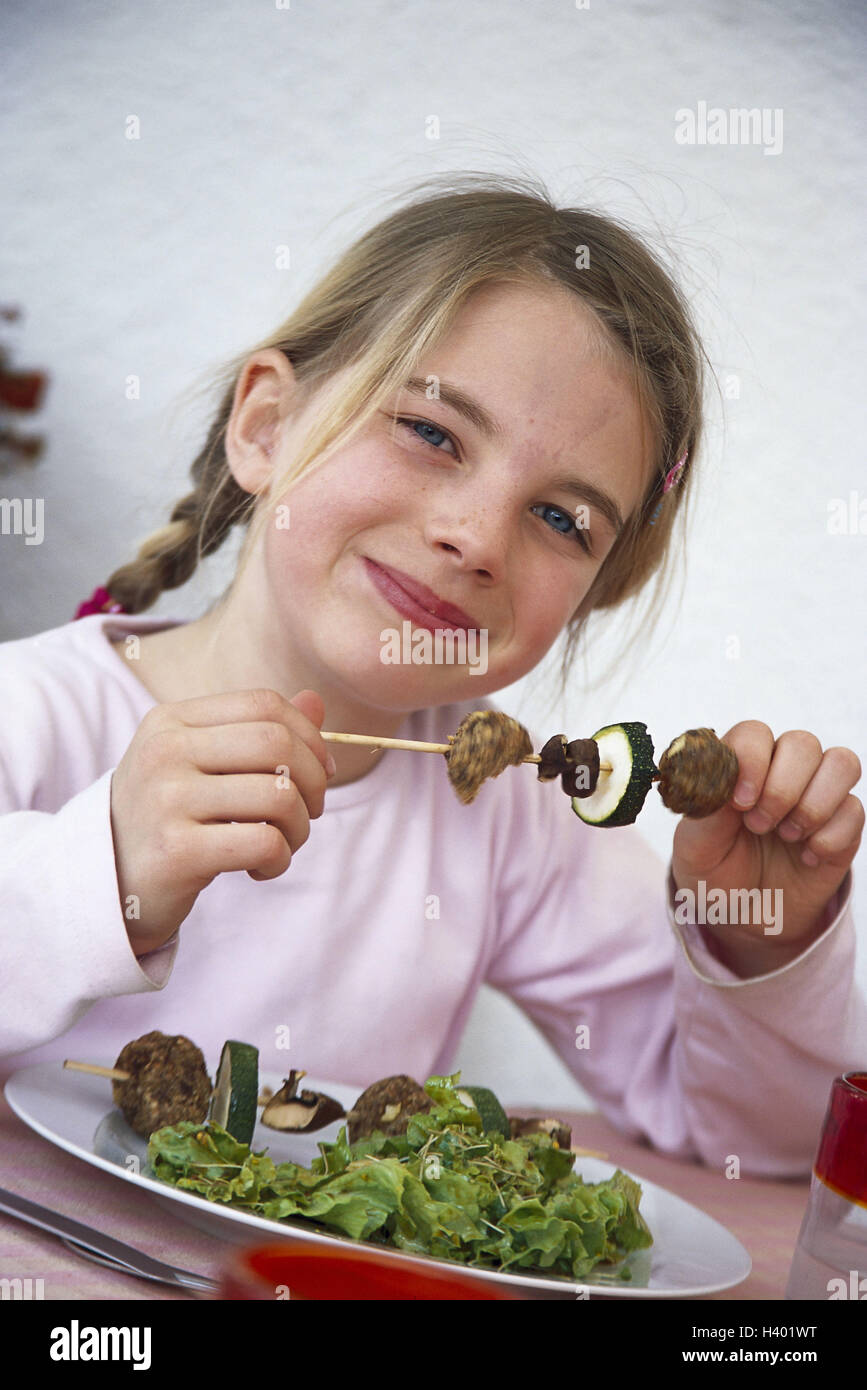 Girls, lunches, salad plates, mince spits, smile, portrait, child, 6 ...