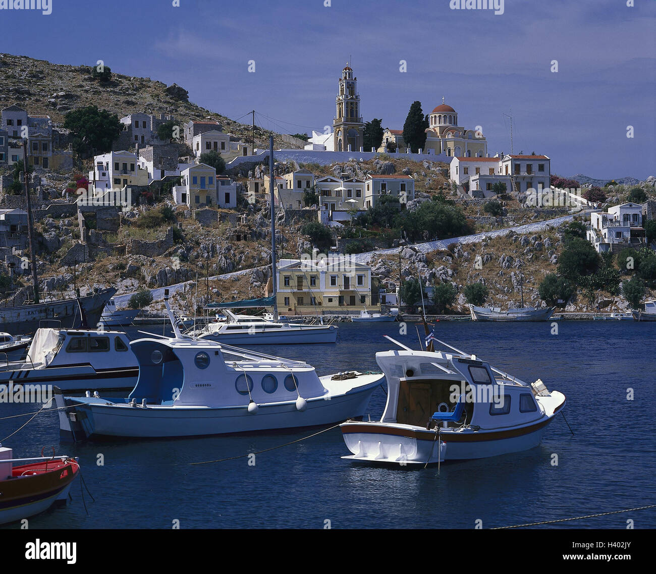 Greece, island Symi, church, Evangelismos, harbour, boots, Dodekanes ...